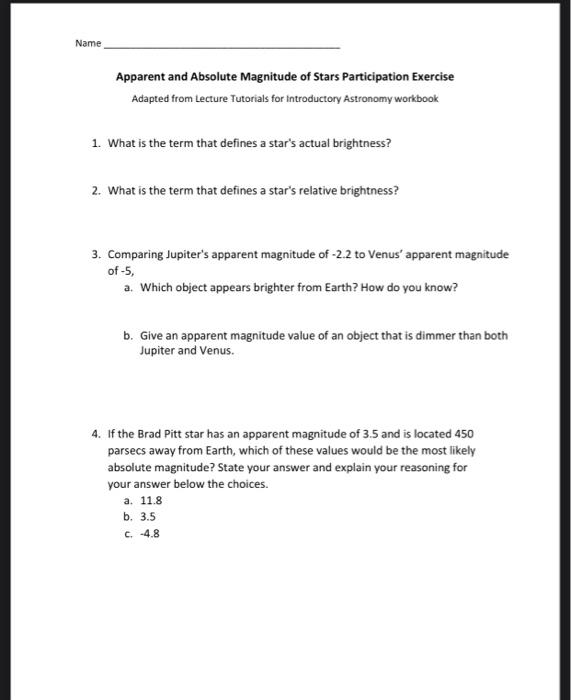 Solved Name Apparent and Absolute Magnitude of Stars | Chegg.com