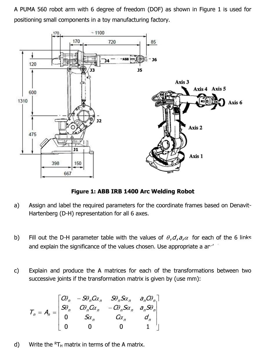 Solved A PUMA 560 robot arm with 6 degree of freedom (DOF) | Chegg.com