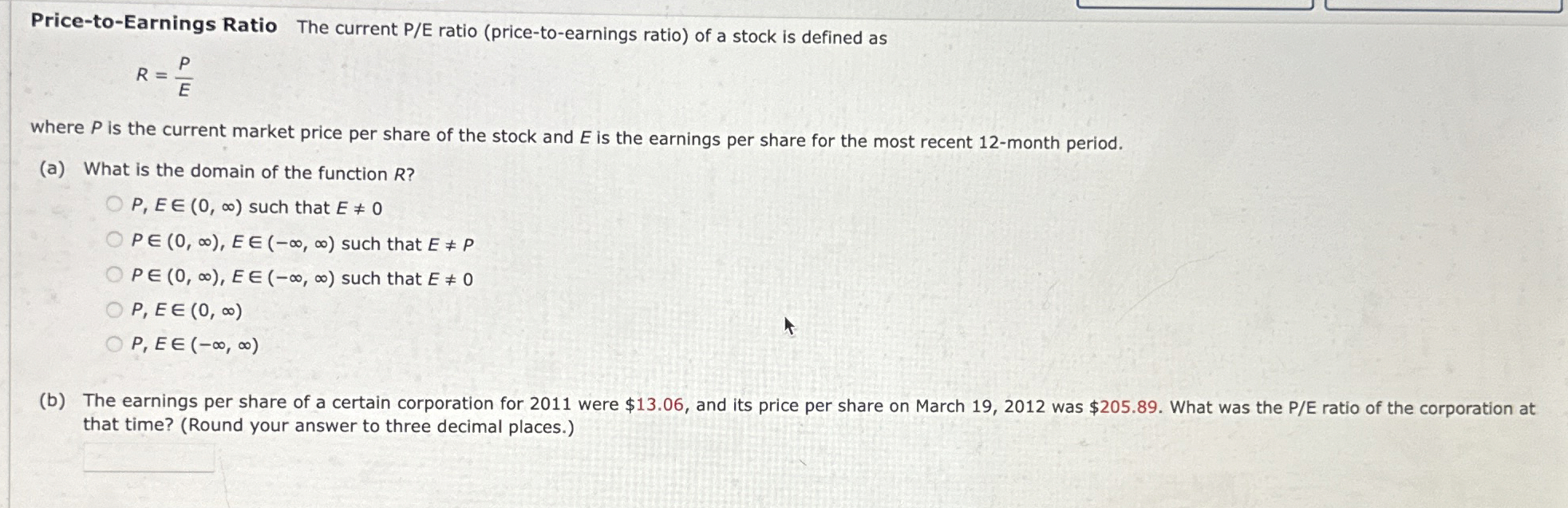 Solved Price-to-Earnings Ratio The current PE ﻿ratio | Chegg.com