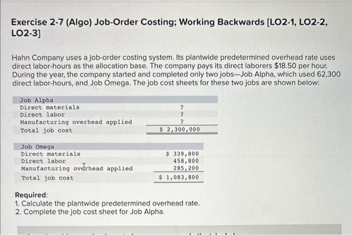 Solved Exercise 2-7 (Algo) Job-Order Costing; Working | Chegg.com