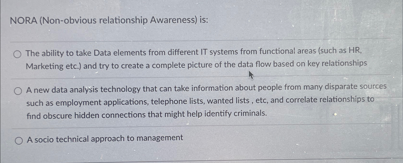 Solved NORA (Non-obvious relationship Awareness) ﻿is:The | Chegg.com