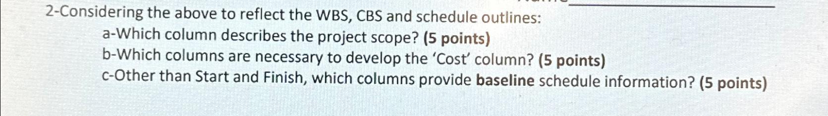 Solved 2-Considering the above to reflect the WBS, ﻿CBS and | Chegg.com