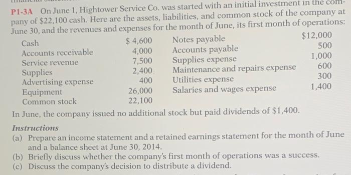 Solved P1-3A On June 1, Hightower Service Co. was started | Chegg.com