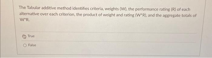 Solved The Tabular additive method identifies criteria, | Chegg.com