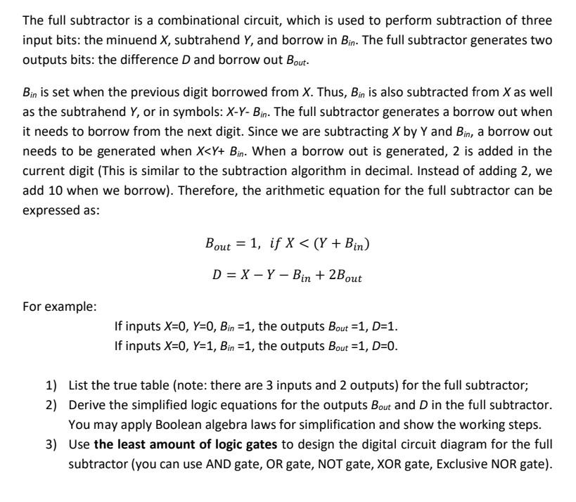 Solved The full subtractor is a combinational circuit, which | Chegg.com