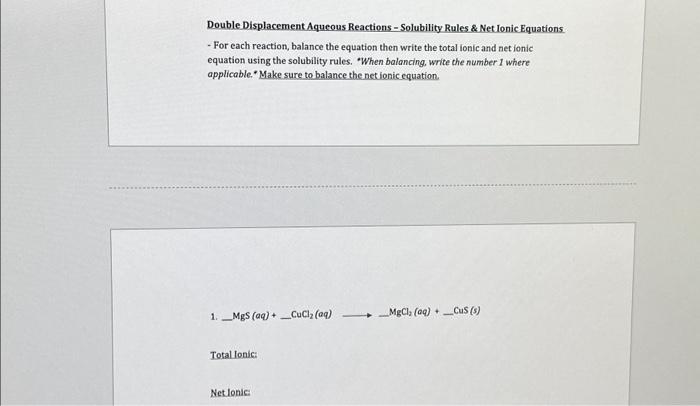 Solved Double Displacement Aqueous Reactions - Solubility | Chegg.com