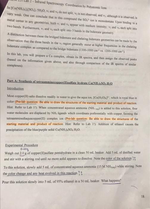 CHEM 221 Lab 2 - Infrared Spectroscopy: Coordination | Chegg.com