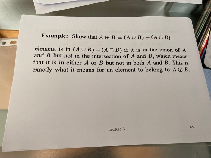 Solved Example: Show that A B = (AUB) - (ANB). element is in | Chegg.com