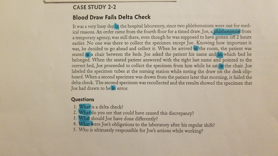 Solved CASE STUDY 2-2 Blood Draw Fails Delta Check It was a | Chegg.com