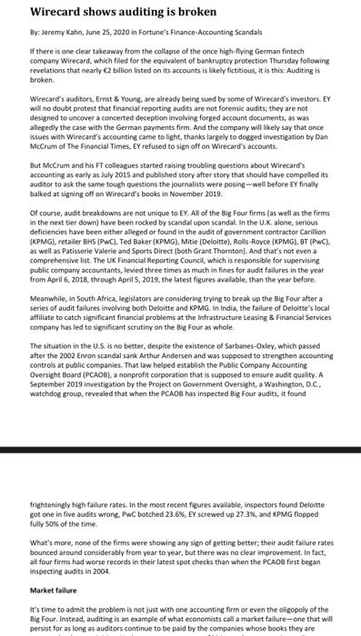 Solved Wirecard shows auditing is broken By= Jeremy Kahn, | Chegg.com