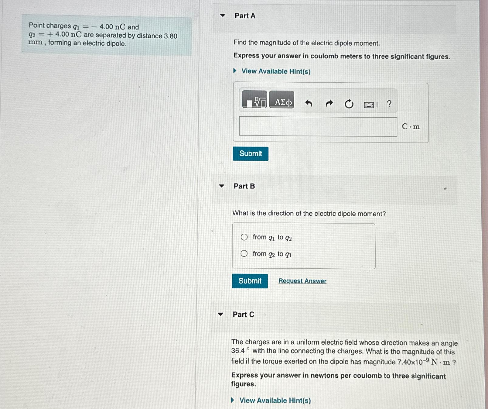 Solved Point charges q1=-4.00nC ﻿and q2=+4.00nC ﻿are | Chegg.com