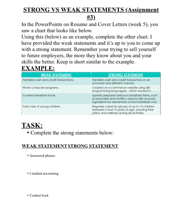 Solved STRONG VS WEAK STATEMENTS (Assignment #3) In the | Chegg.com