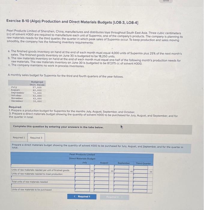 Solved Exercise 8-10 (Algo) Production and Direct Materials | Chegg.com