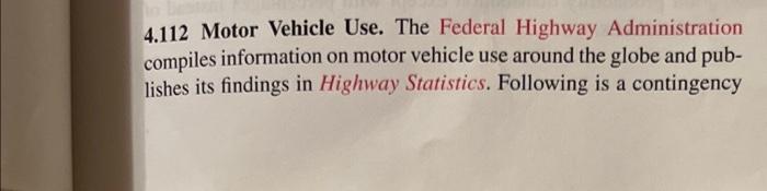 Solved 4.112 Motor Vehicle Use. The Federal Highway | Chegg.com