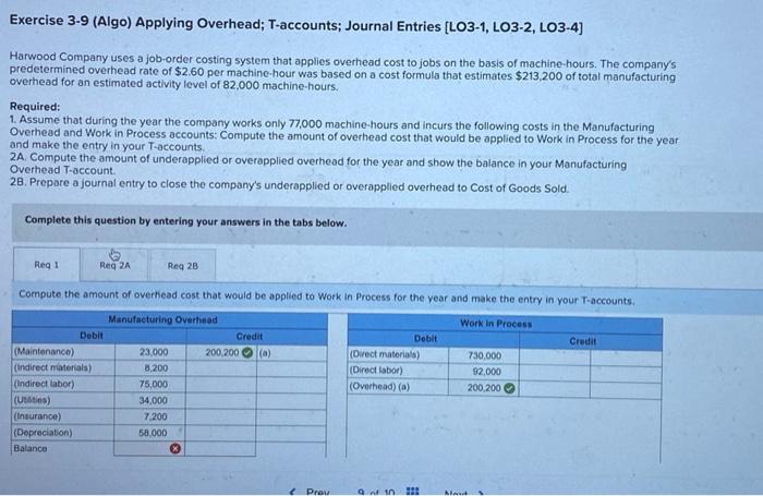 Solved Exercise 3-9 (Algo) Applying Overhead; T-accounts; | Chegg.com