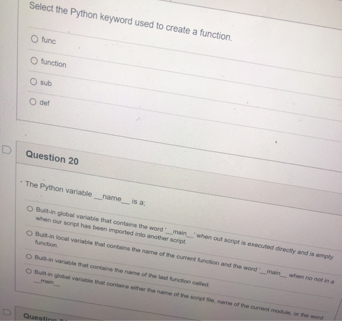 Solved Select the Python keyword used to create a function. | Chegg.com