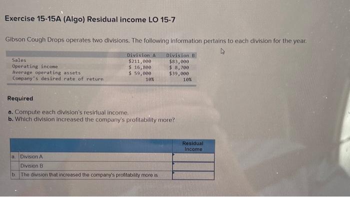 Solved Exercise 15 15a Algo Residual Income Lo 15 7 Gibson 