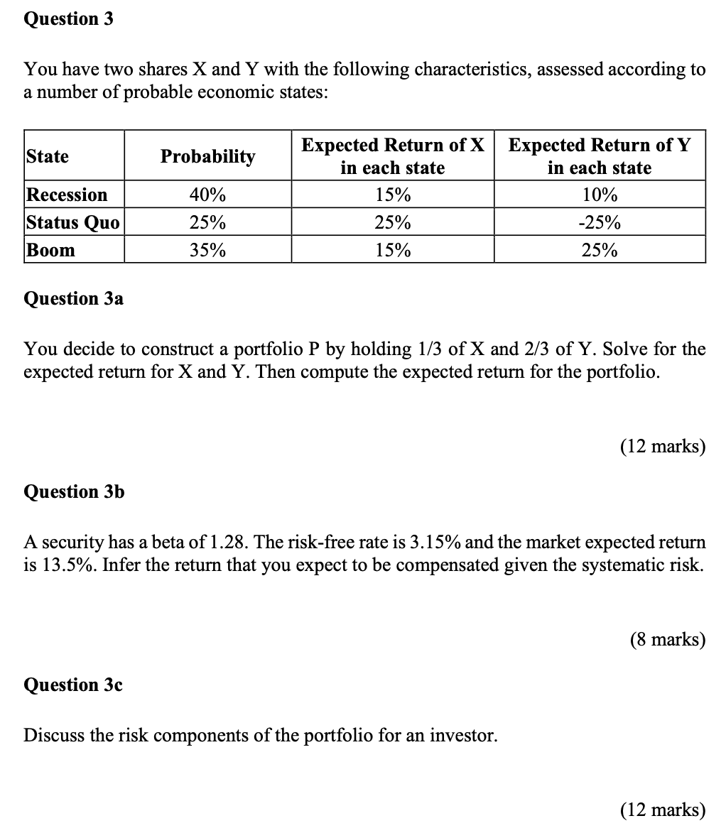 Solved Question 3You have two shares x ﻿and Y ﻿with the | Chegg.com