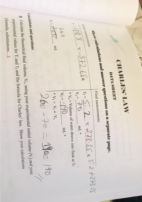 Solved CHARLES' LAW DATA SHEET Show calenlations and answer | Chegg.com
