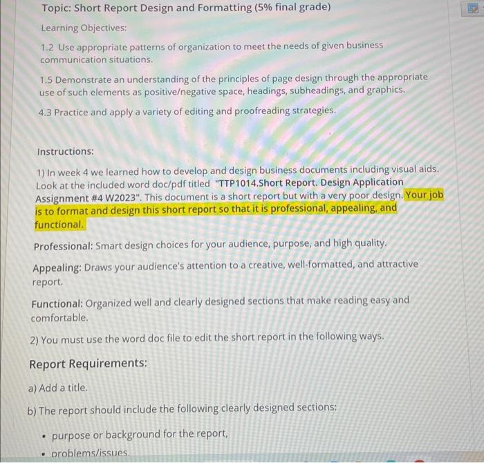 Topic: Short Report Design and Formatting (5\% final | Chegg.com