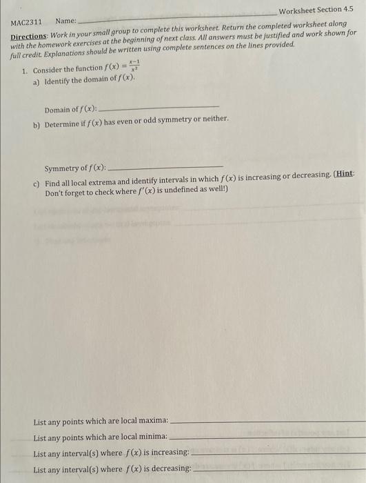 Solved MAC2311 Name: Directions: Work in your small group to | Chegg.com