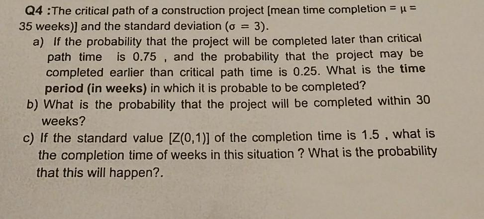Solved Q4 : The critical path of a construction project | Chegg.com