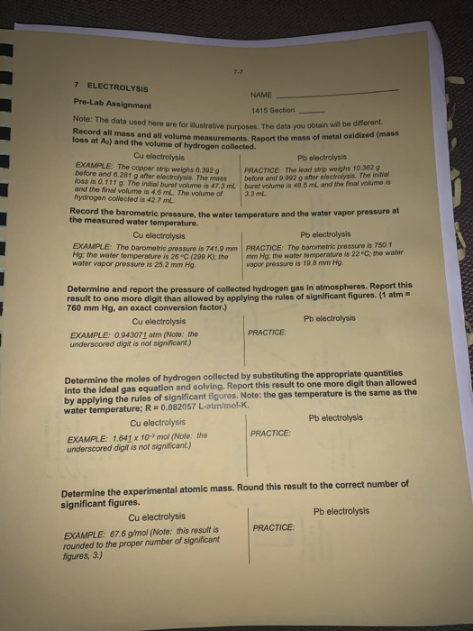 Solved 7 ELECTROLYSIS NAME Pre-Lab Assignment 1415 Section | Chegg.com