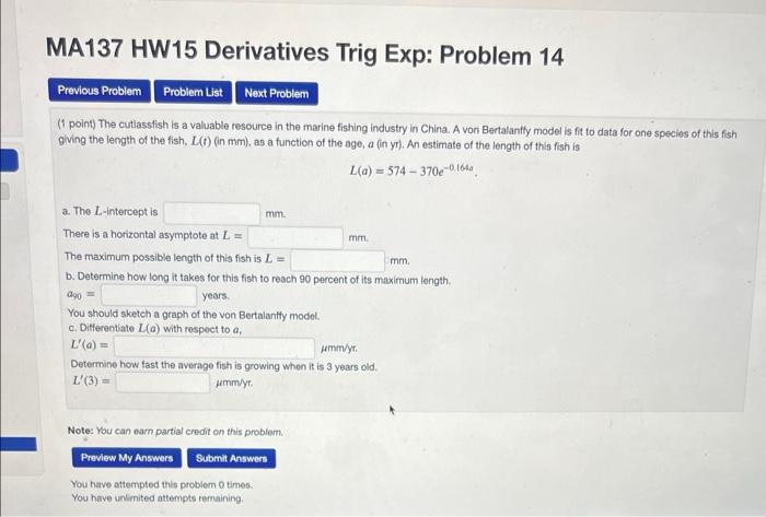Solved MA137 HW15 Derivatives Trig Exp: Problem 14 (1 point) | Chegg.com