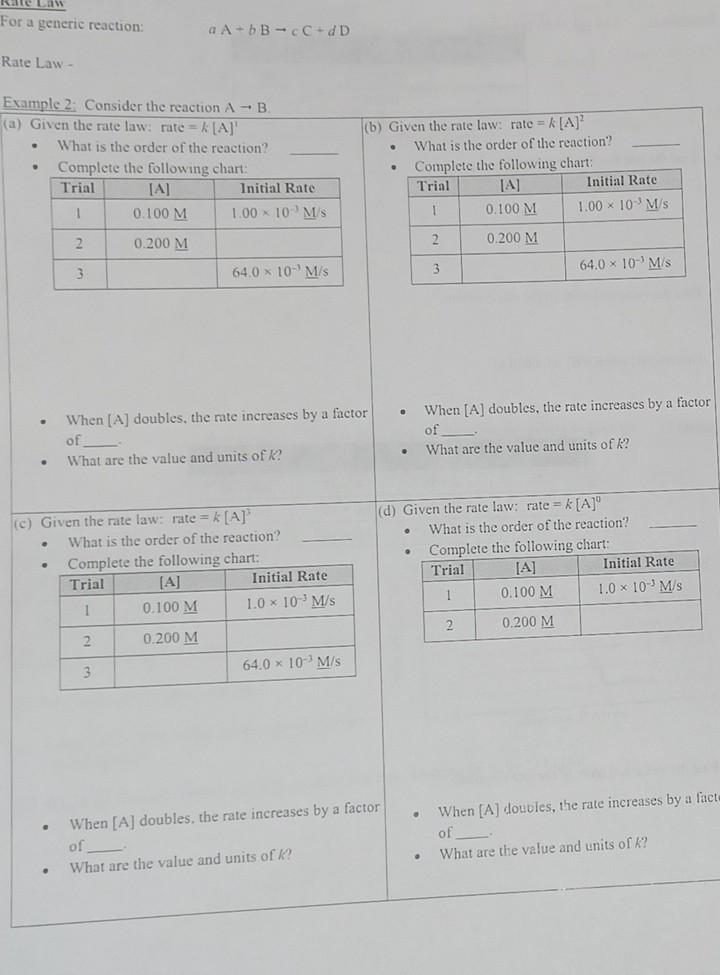 Solved For a generic reaction: a A+b B→cC+dD Rate Law - | Chegg.com