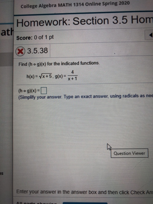 Solved College Algebra MATH 1314 Online Spring 2020 | Chegg.com