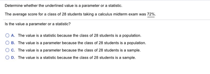 Solved Determine whether the underlined value is a parameter | Chegg.com