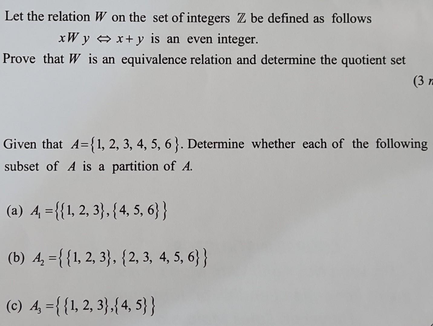 Solved Let the relation W on the set of integers Z be | Chegg.com