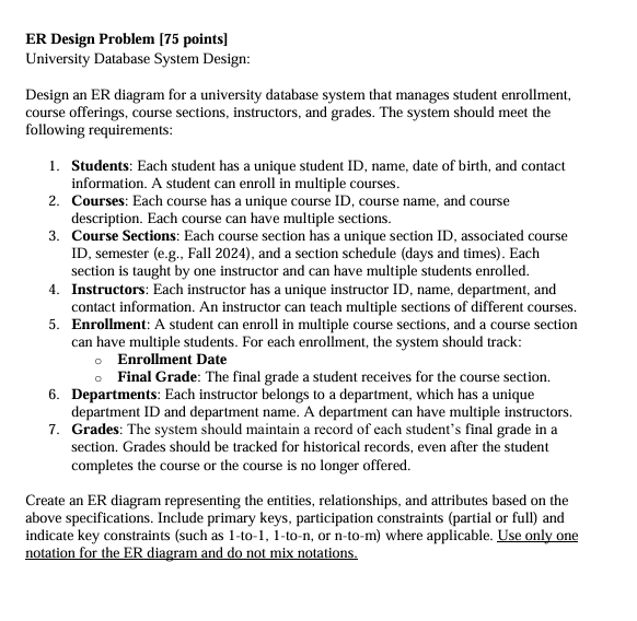 Solved ER Design Problem [75 ﻿points] ﻿ ER Design Problem | Chegg.com