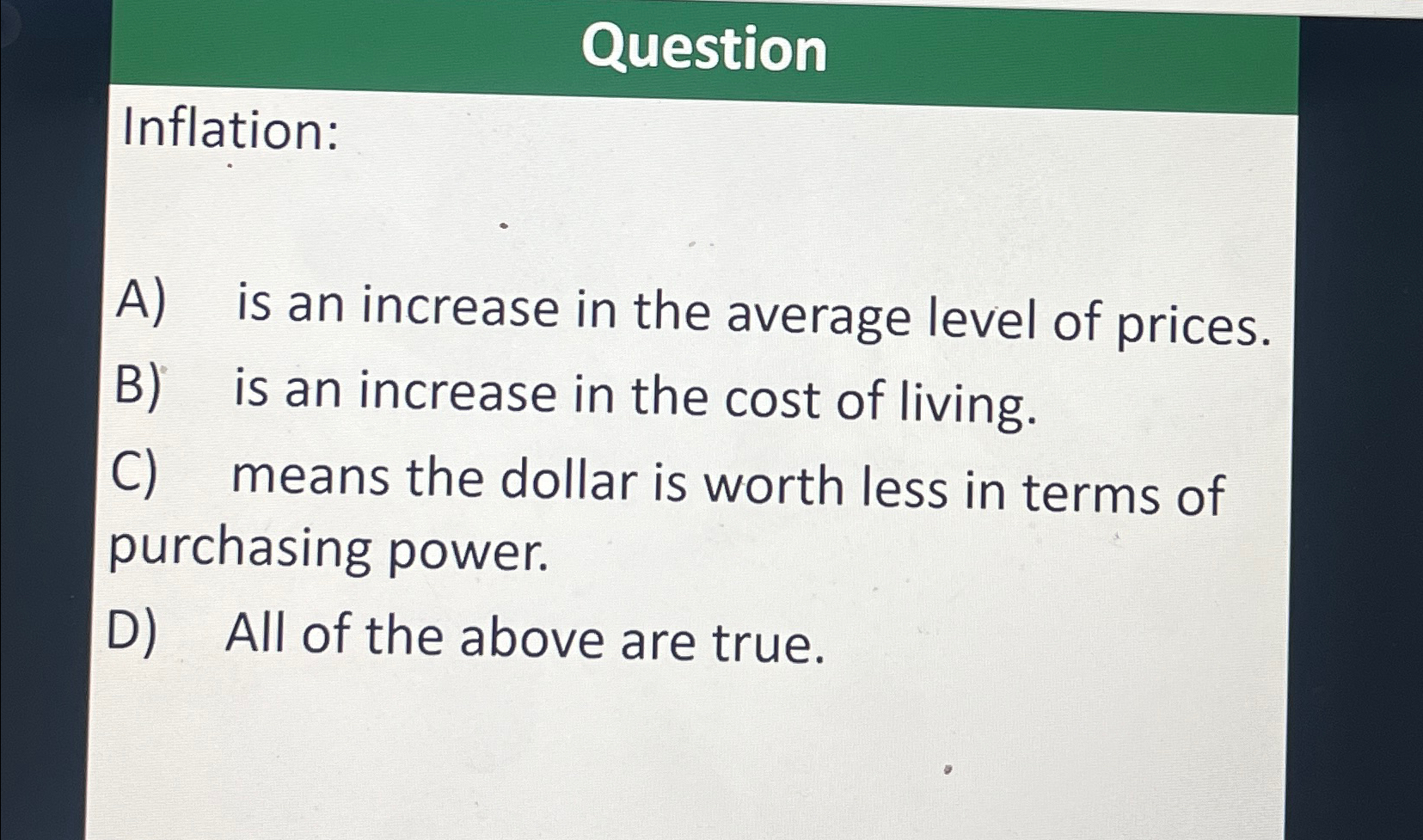 Solved QuestionInflation:A) ﻿is an increase in the average | Chegg.com