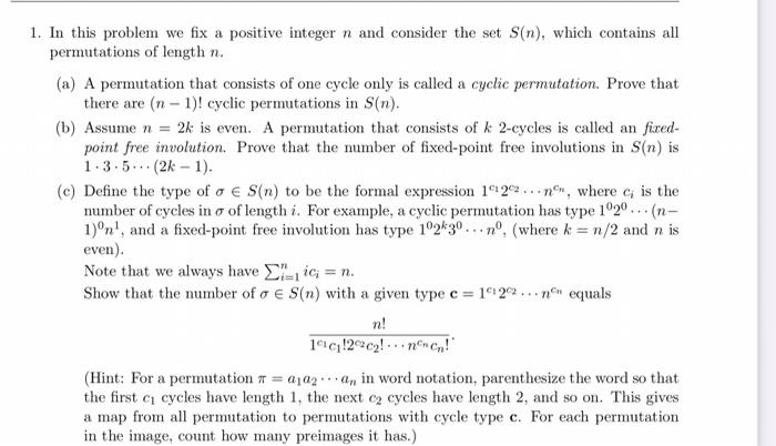 Solved 1. In this problem we fix a positive integer n and | Chegg.com