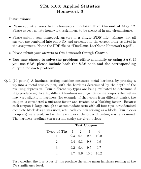 Solved STA 5103: Applied StatisticsHomework | Chegg.com