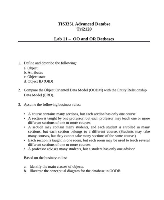 Solved TIS3351 Advanced Databse Tri2120 Lab 11 - 00 and OR | Chegg.com