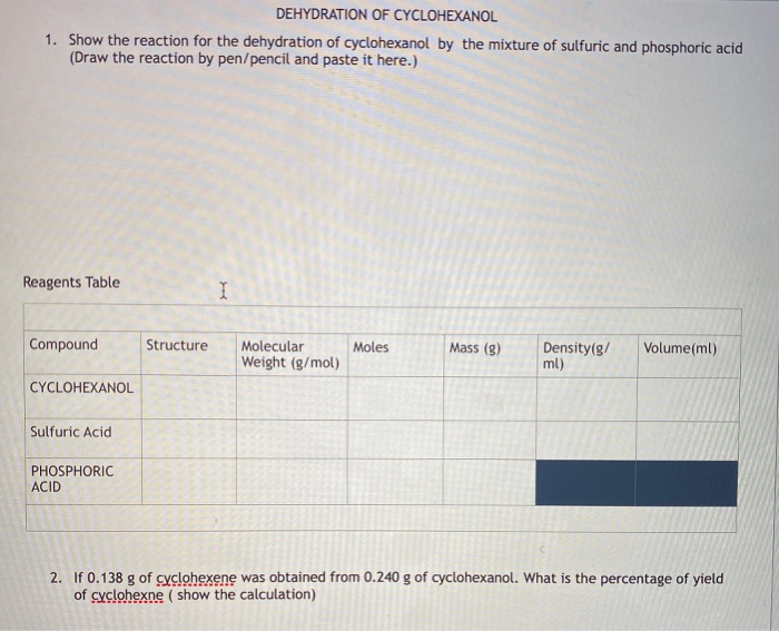 Solved DEHYDRATION OF CYCLOHEXANOL 1. Show the reaction for | Chegg.com