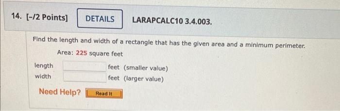 Solved Find the length and width of a rectangle that has the | Chegg.com