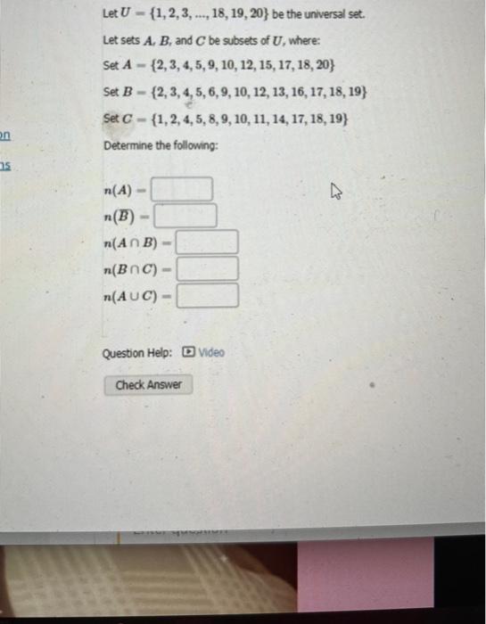 Solved Let U={1,2,3,…,18,19,20} be the universal set. Let | Chegg.com