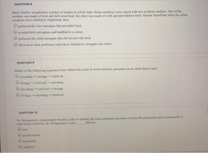 Solved QUESTIONS Harry Harlow completed a number of studies | Chegg.com