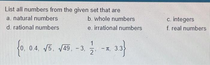 Solved List all numbers from the given set that are natural | Chegg.com
