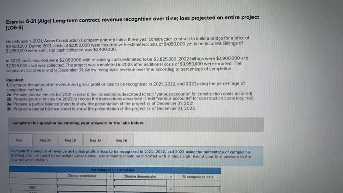 Solved Exercise 6-21 (Algo) Long-term contract; revenue | Chegg.com