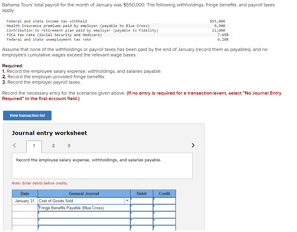 Solved Bahama Tours' total payroll for the month of January | Chegg.com