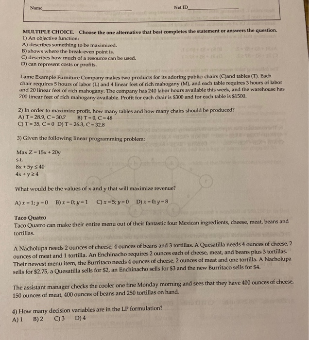 Solved Name Net ID MULTIPLE CHOICE. Choose the one | Chegg.com