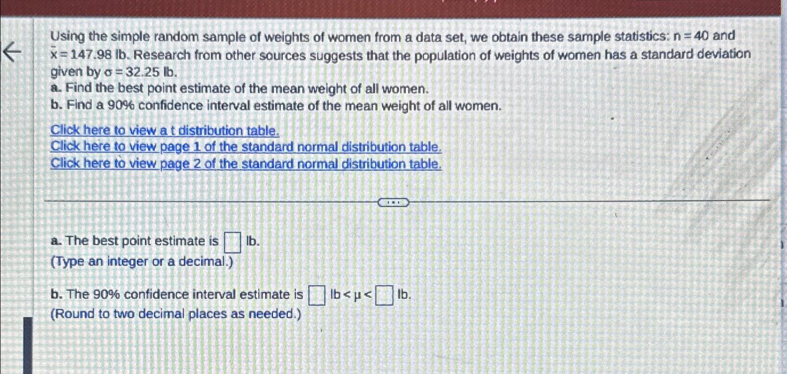 Solved Using the simple random sample of weights of women | Chegg.com