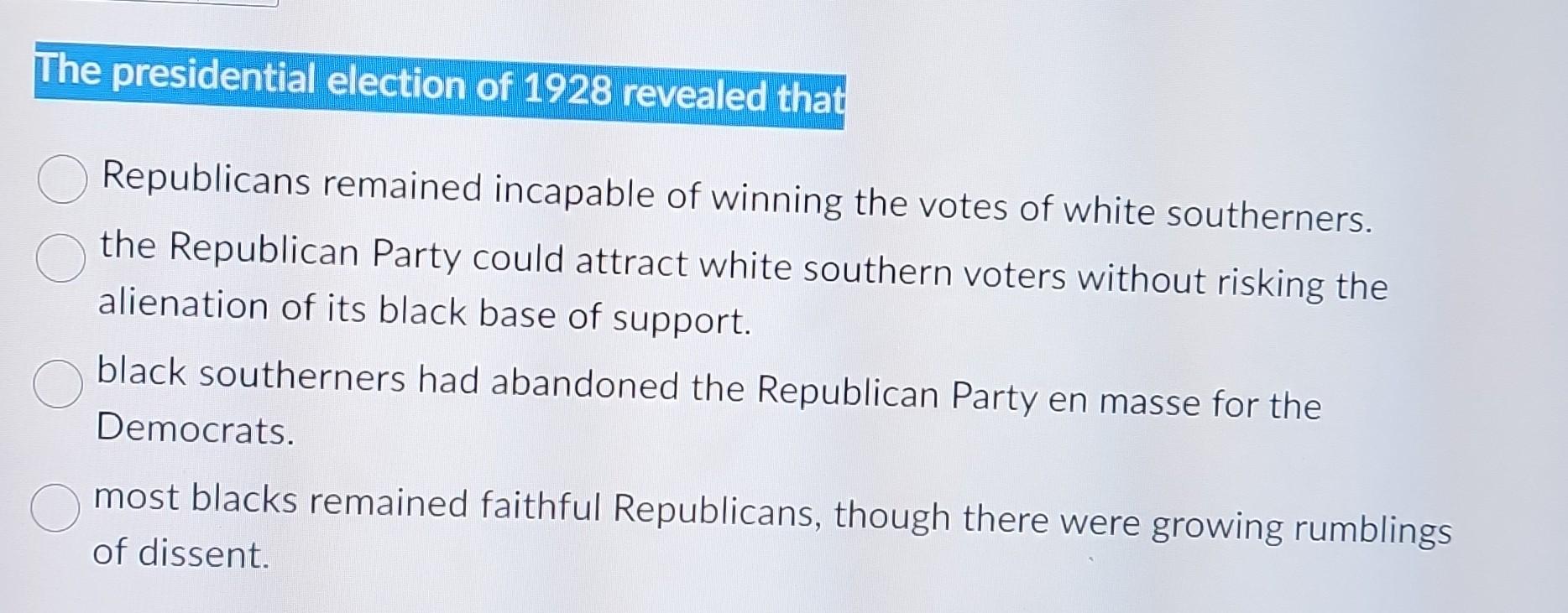 The presidential election of 1928 revealed that | Chegg.com