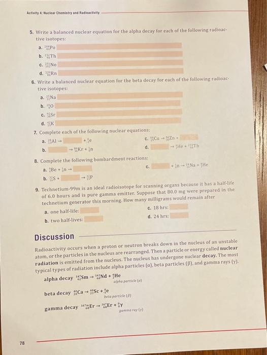 Solved Activity 4 Nuclear Chemistry and Radioactivity DATA | Chegg.com