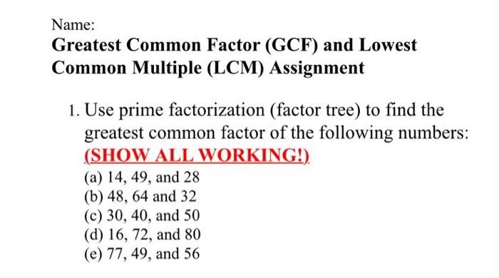 Solved Name: Greatest Common Factor (GCF) and Lowest Common | Chegg.com