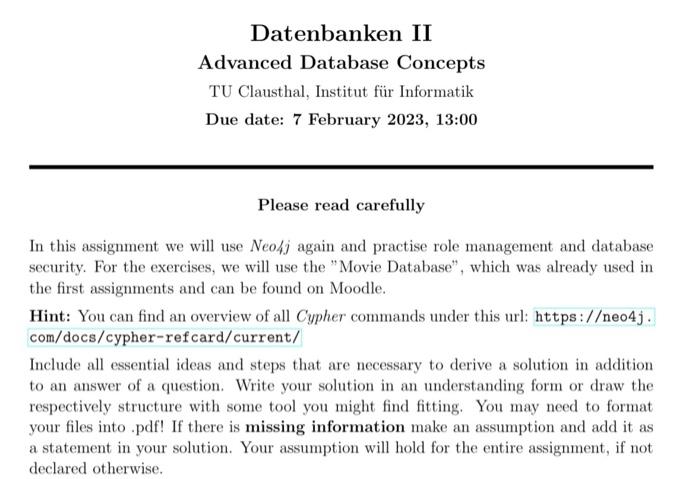 Solved Datenbanken II Advanced Database Concepts TU | Chegg.com